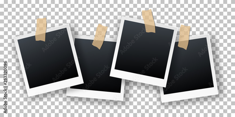 Vector retro realistic instant photo cards hanging on sticky tape ...