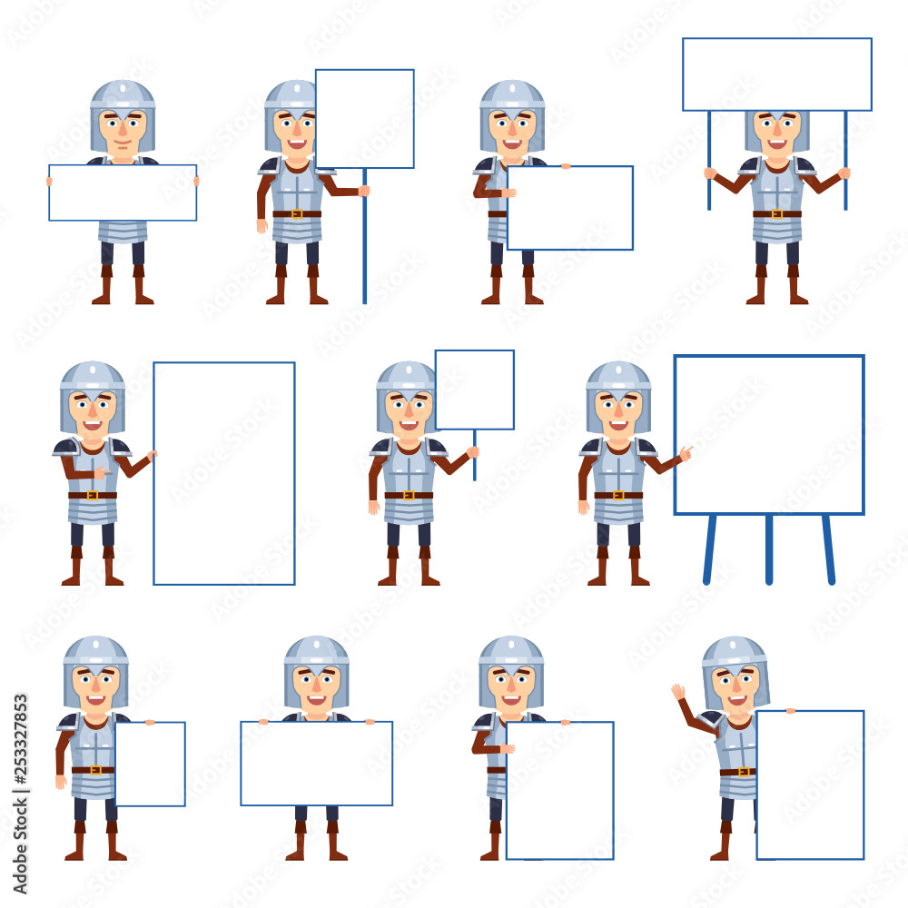 Set of medieval knights posing with different blank signboards ...