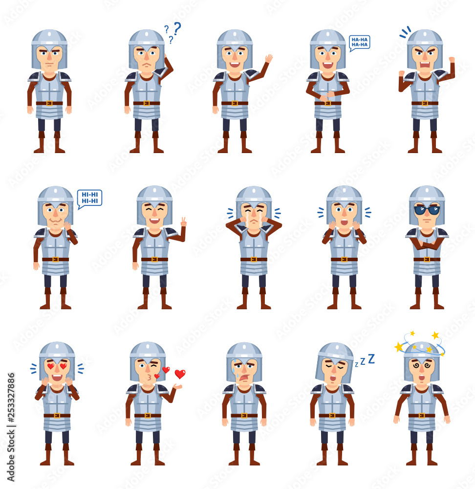 Set of medieval knight characters showing different emotions. Cheerful ...