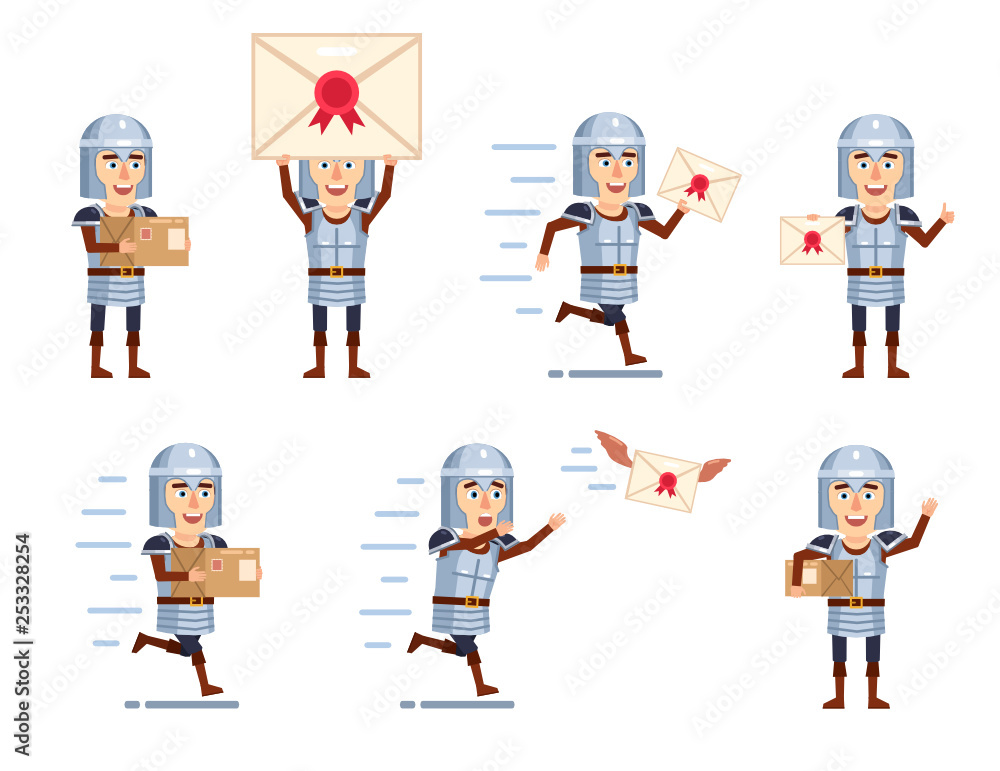 Set of medieval knight characters posing with letter in different ...