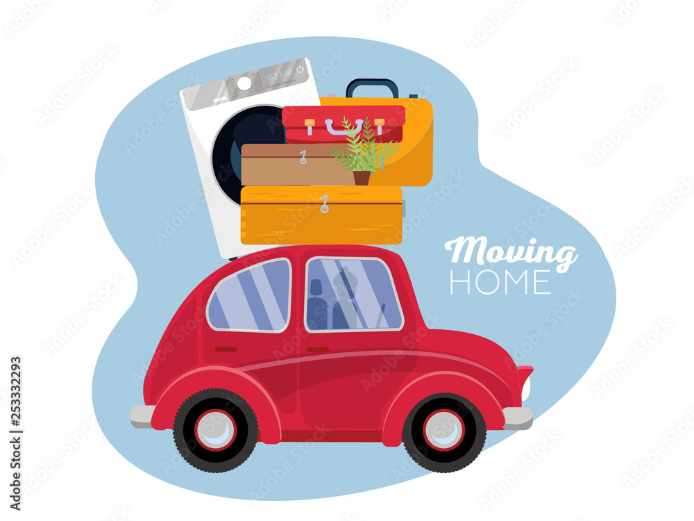 moving concept. red vintage car with suitcases, washing machine and ...