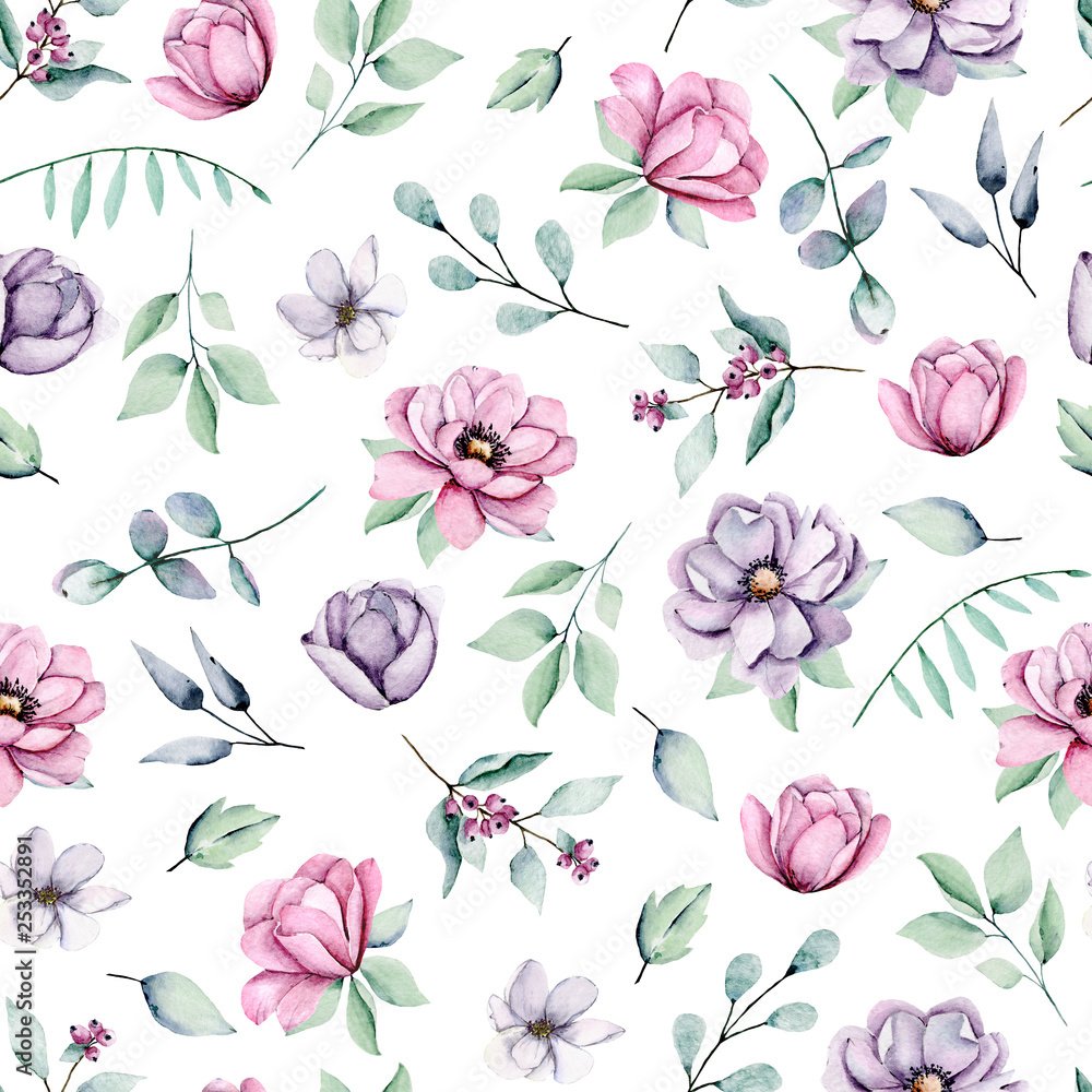 Seamless background, floral pattern with bouquets watercolor flowers ...