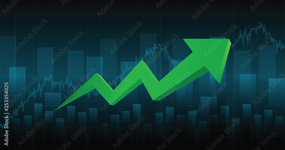 Widescreen Abstract financial graph with uptrend line arrow and bar chart of stock market in ...