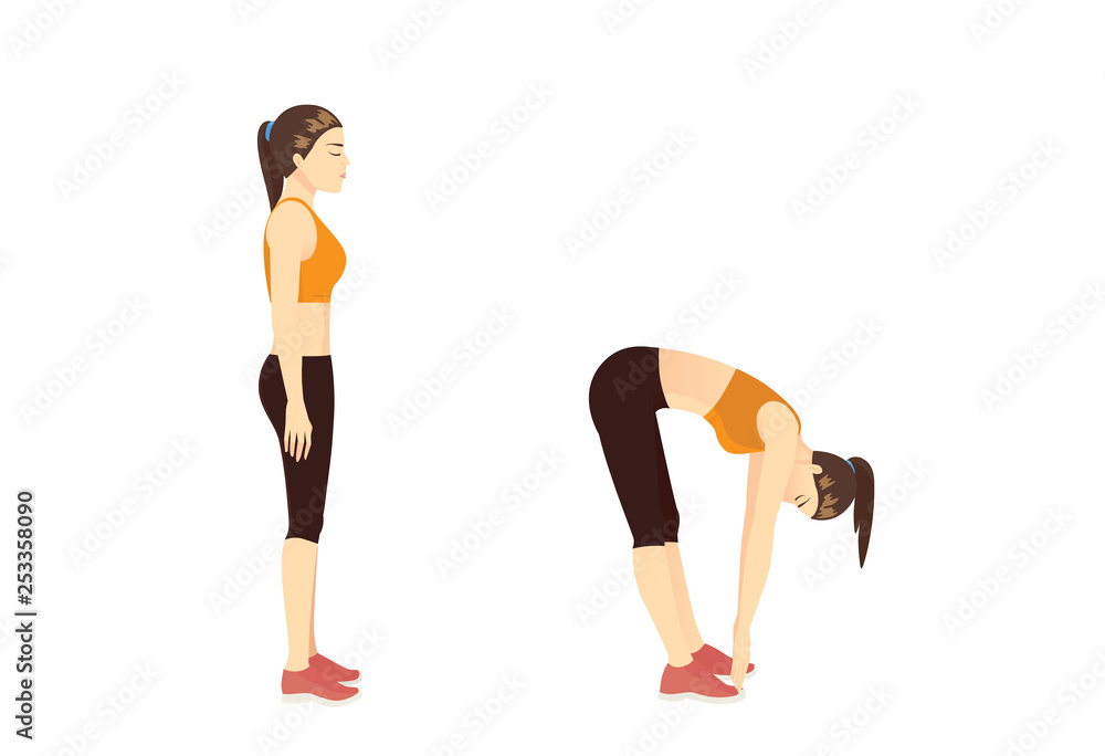 Woman Doing Standing Toe Touch Stretches Exercise In 2 Step