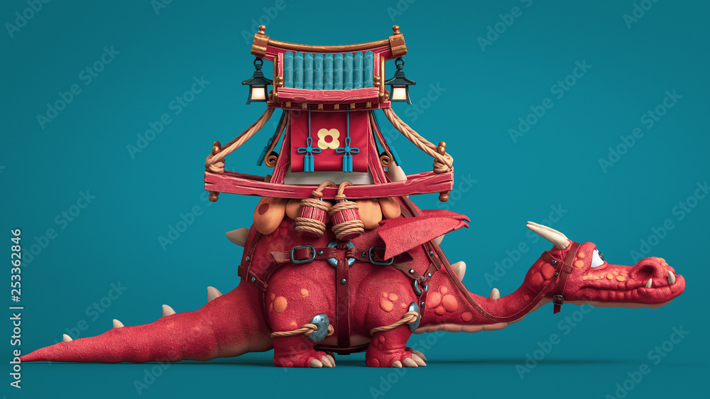 3d illustration of an Asian cute red cartoon dragon with trader's cart ...
