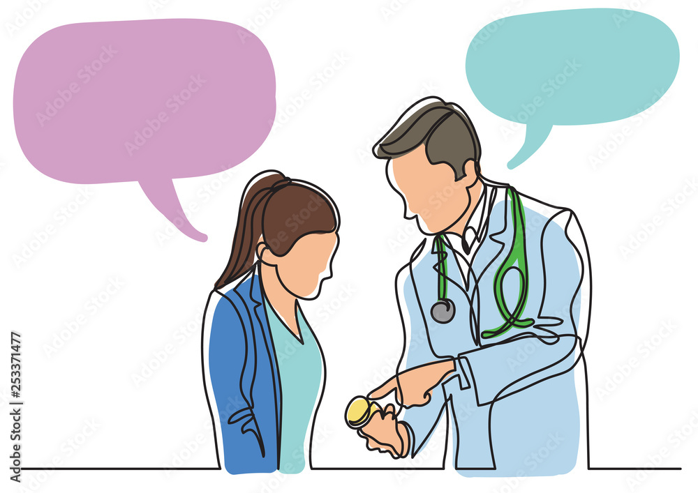 continuous line drawing of doctor and patient talking about medication ...