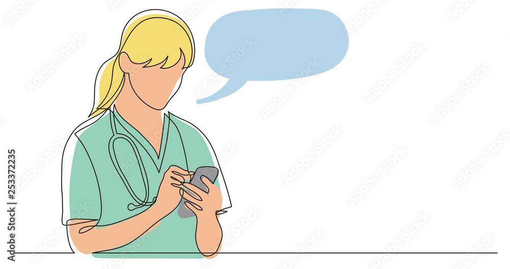 one line vector drawing of hospital nurse checking her mobile phone ...