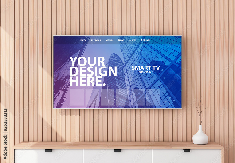 Smart TV on Wooden Wall Mockup Stock Template | Adobe Stock