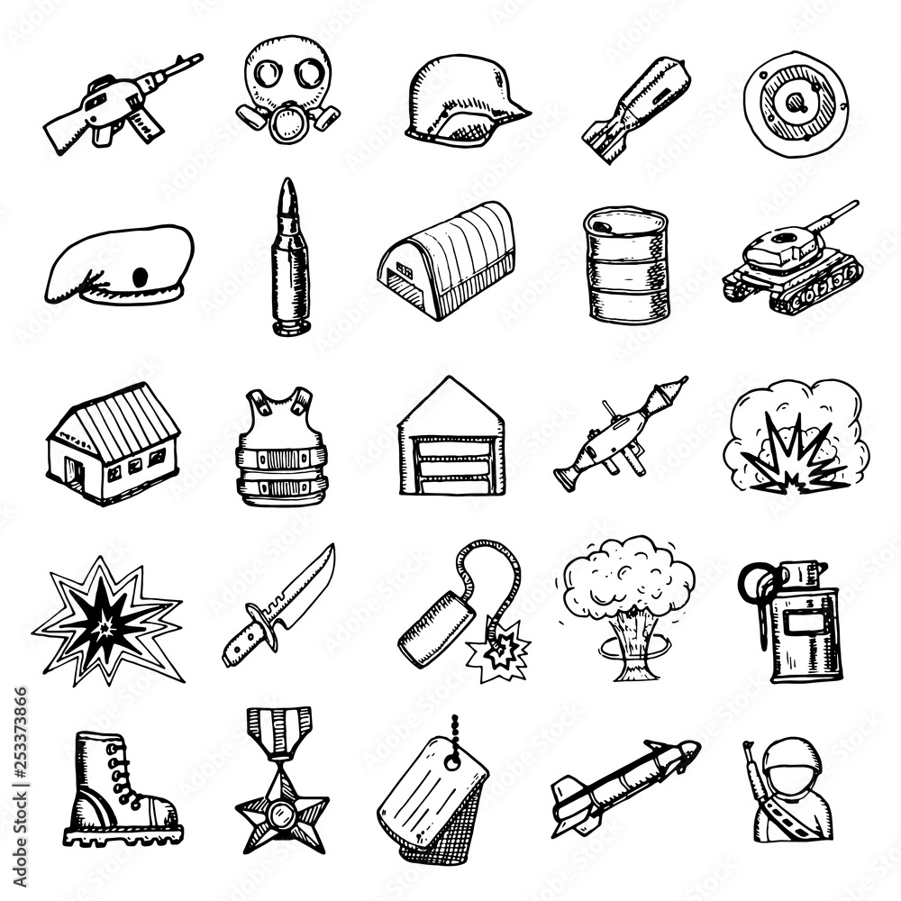 Hand Drawn military doodles set. Sketch style icons. Decoration element ...