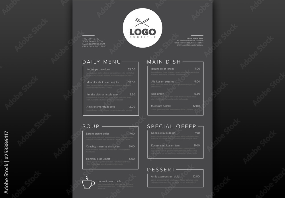Dark Gray Restaurant Menu Layout with Line Art Illustrations Stock ...