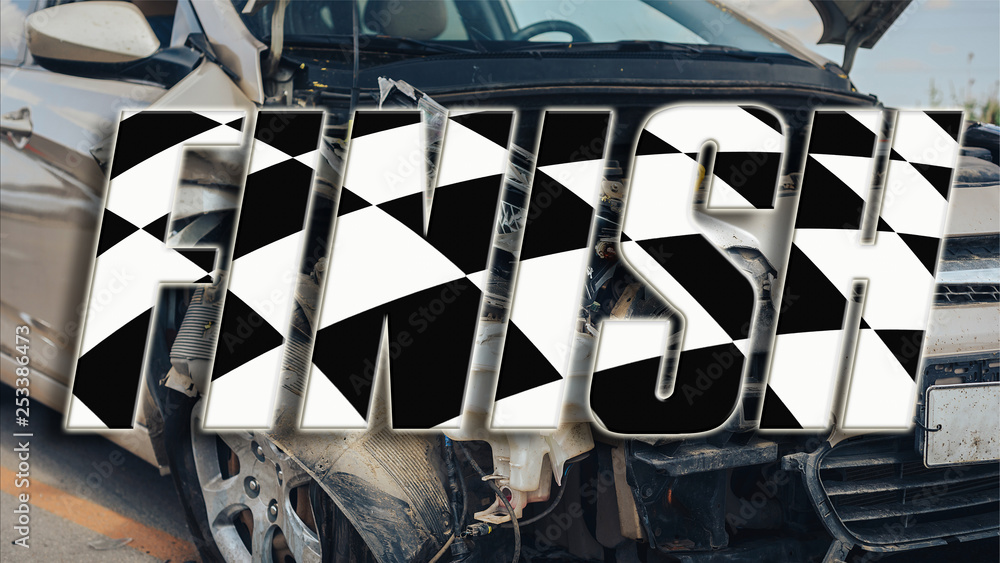 Finish - 3D checkered, amid the broken car. Creative design for your ...