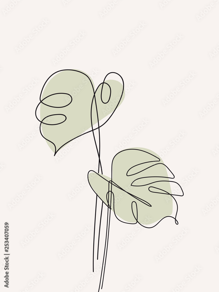 Eucalyptus monstera leaves continuous line drawing. One line . Hand ...