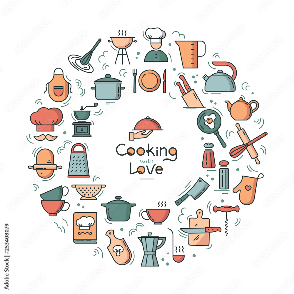 Cooking with love circular Background from icons on the theme of the ...