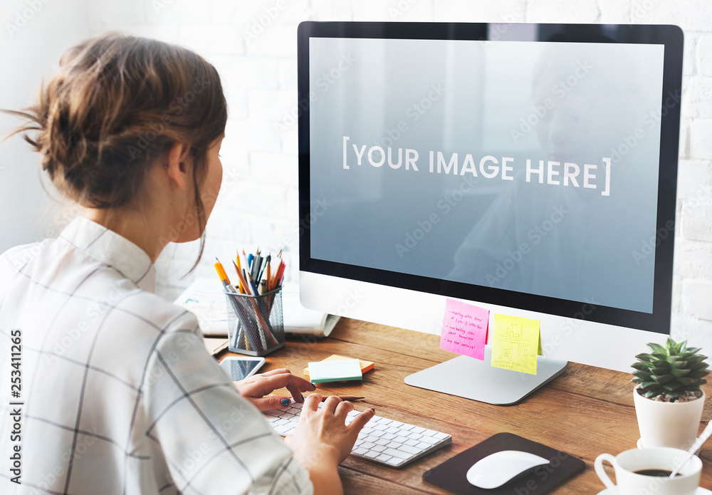 Desktop Computer User at Desk Mockup Stock Template | Adobe Stock