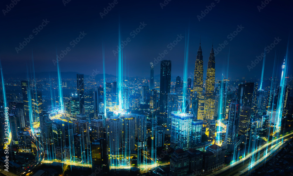 Communication network and traffic light on highway .Concept of smart ...