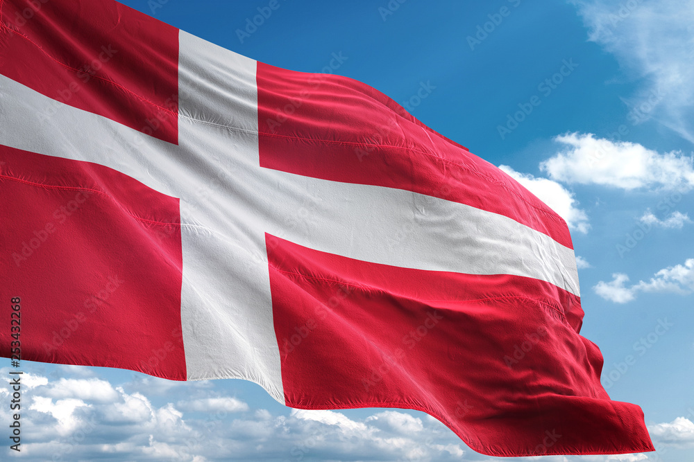 Denmark flag waving sky background 3D illustration Stock Illustration ...