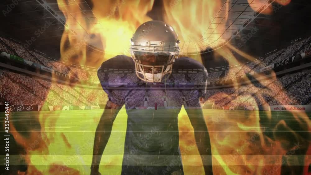 Angry american football of player with fire behind him Stock Video ...
