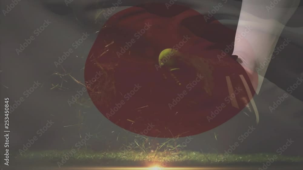 Rugby player kicking an Irish rugby ball against a Japanese flag ...