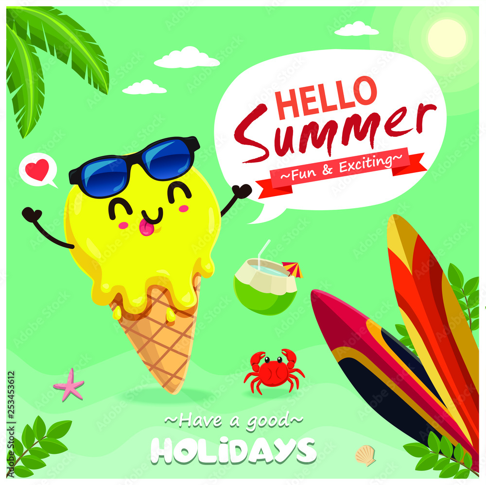 Vintage summer food poster design with vector ice cream & surfboard ...