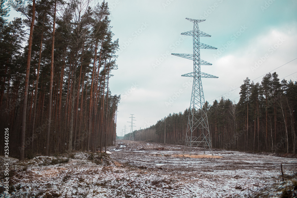 High voltage power tower at daytime with forest in background Stock ...