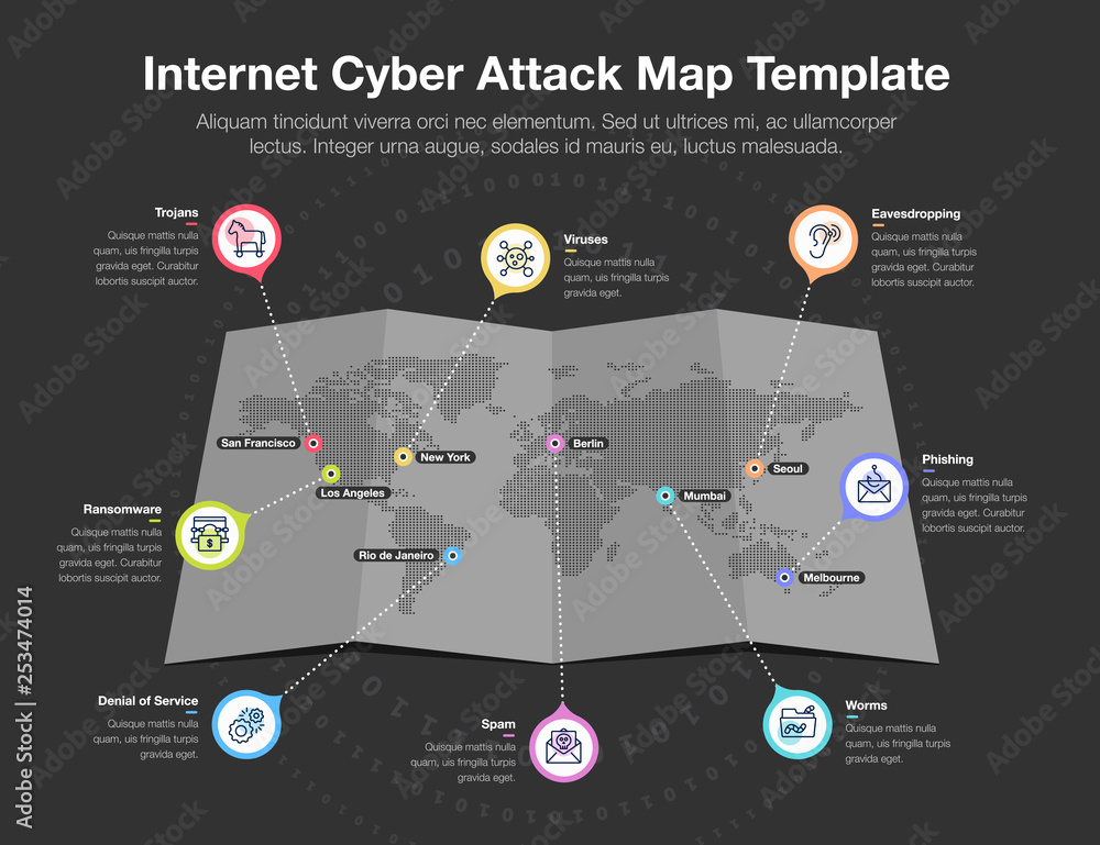 Infographic for internet cyber attack world map with 8 symbols for ...