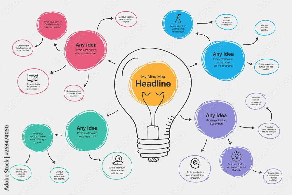 Hand drawn infographic for mind map visualization template with light ...