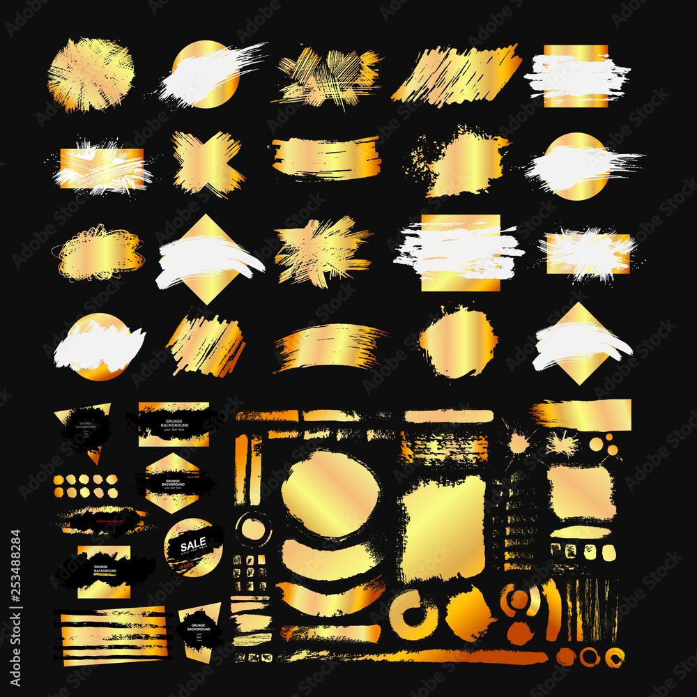 Set of golden grunge hand drawn rough box torn shapes. Edge foil frames ...