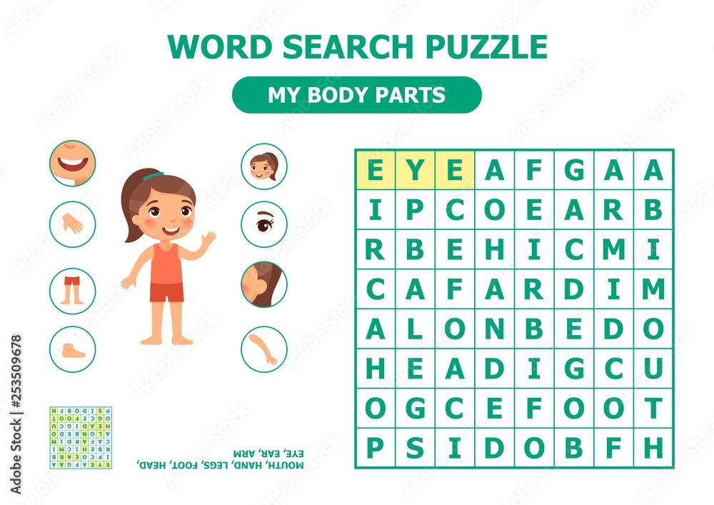 Word search puzzle. My body parts - anatomy for children. Cartoon ...