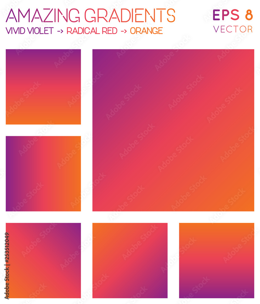 Colorful gradients in vivid violet, radical red, orange color tones ...