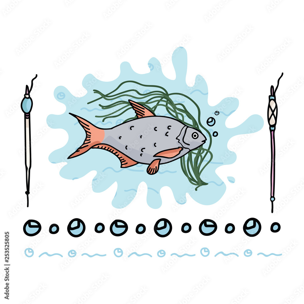 Cute fishing cartoon vector illustration motif set. Hand drawn fish and ...