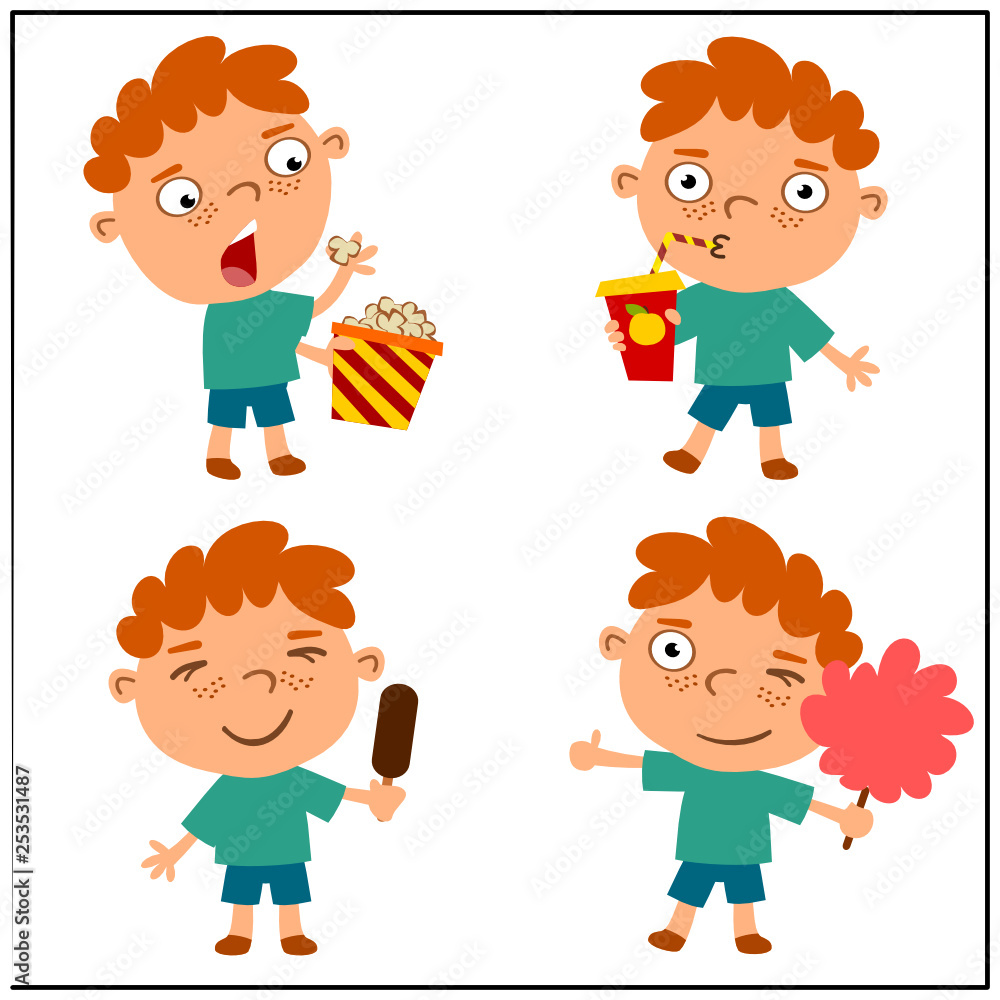Set of funny boy in cartoon style eating sweets - popcorn, juice, ice ...
