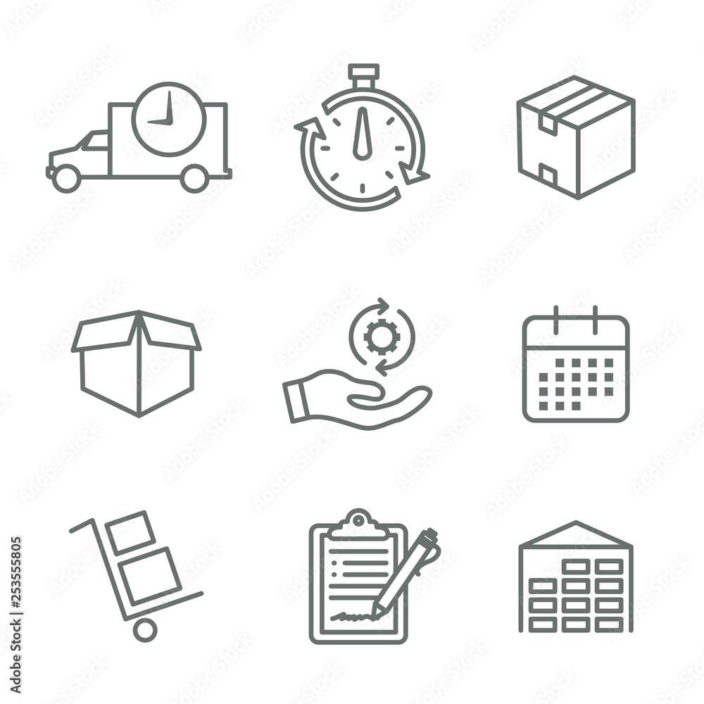 Shipping and Receiving Icon Set with Boxes, Warehouse, checklist, etc ...
