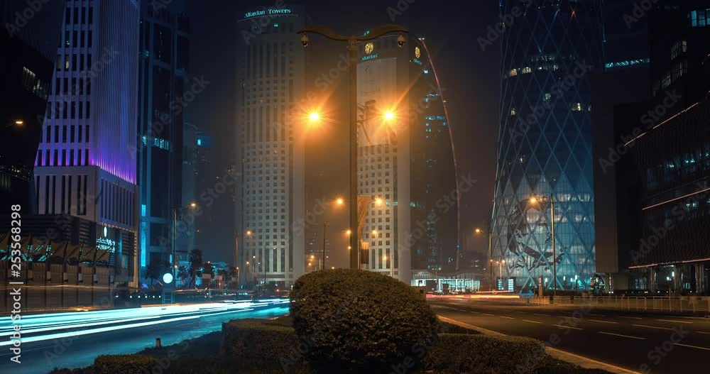 The skyline of Doha. Doha at night Time-lapse, Qatar. Wide shot, Modern ...