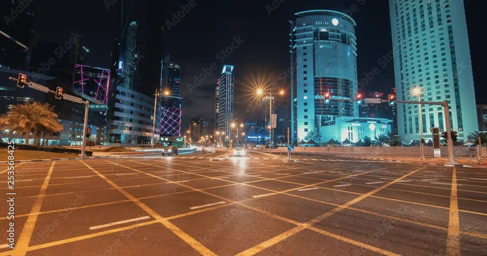 The skyline of Doha. Doha at night Time-lapse, Qatar. Wide shot, Modern ...