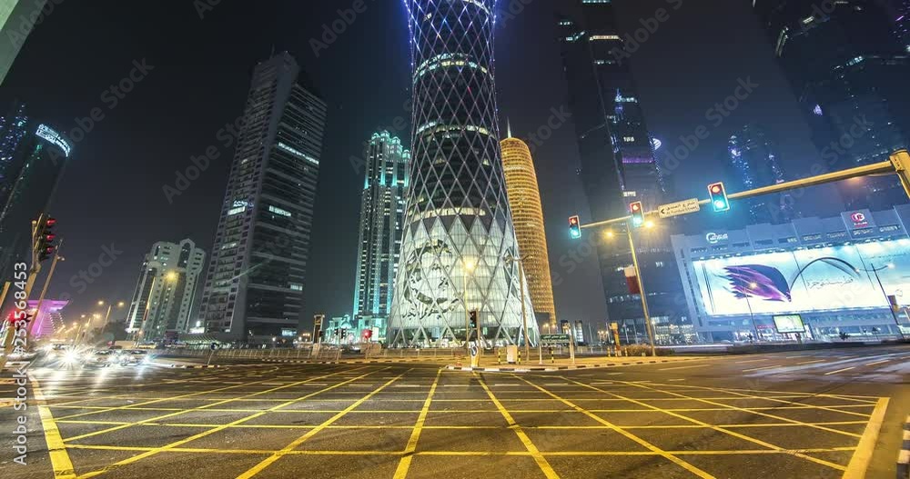The skyline of Doha. Doha at night Time-lapse, Qatar. Wide shot, Modern ...