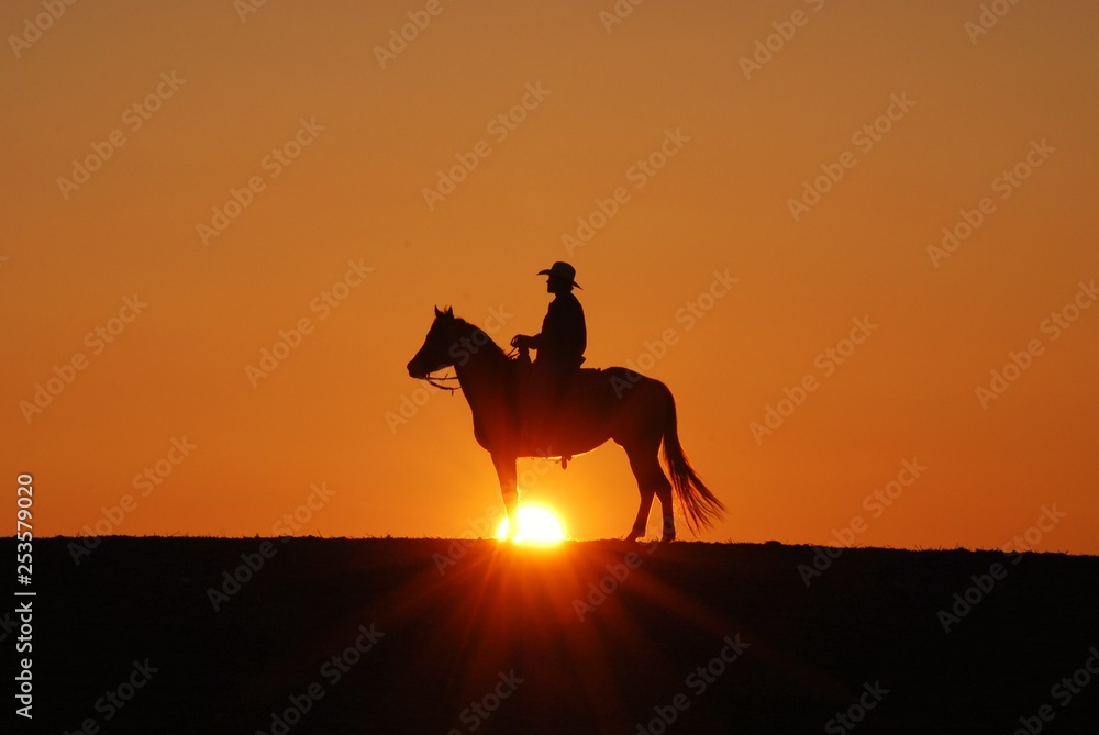 Cowboy riding horse in the sunset Stock Photo | Adobe Stock