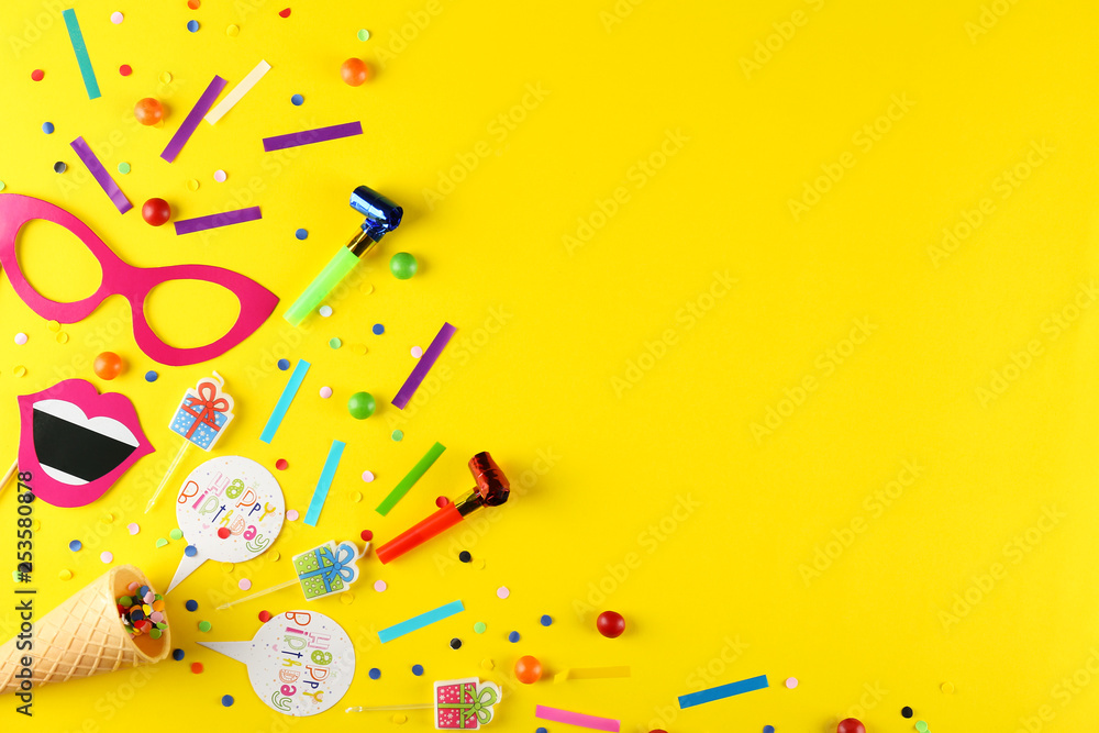 Photo booth props and party horns on yellow background. Paper moustache ...