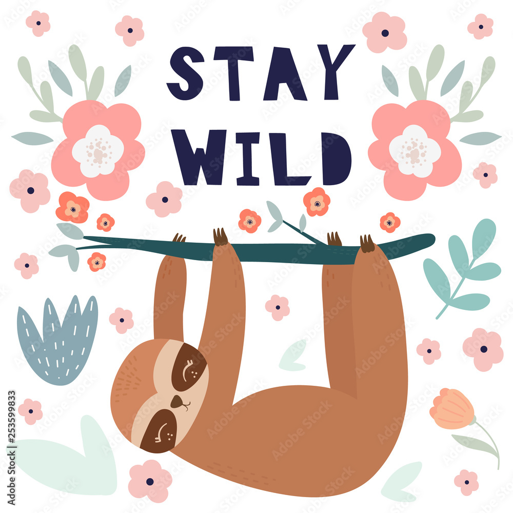 Cute cartoon sloth. Sloth character vector print for cards, posters ...