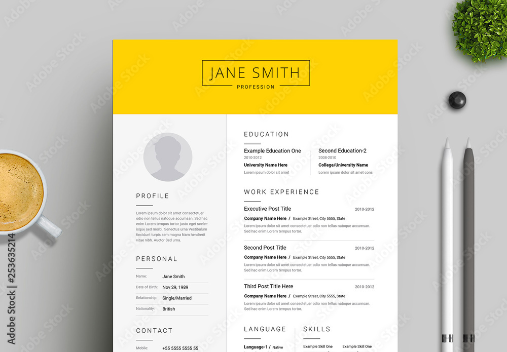 Yellow and White Resume Layout Stock Template | Adobe Stock