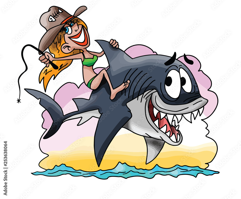 Cartoon blond girl riding a great white shark vector illustration Stock ...