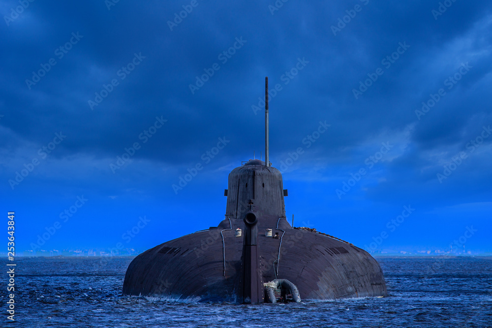 Military submarine on the water. Warship. Nuclear submarine. Navy ...