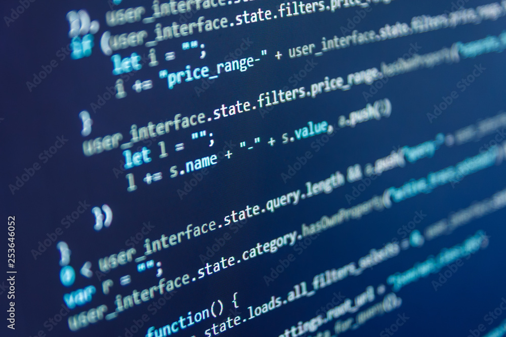 Front-end applications in the color concept. Programming Javascript on laptop computer screen ...