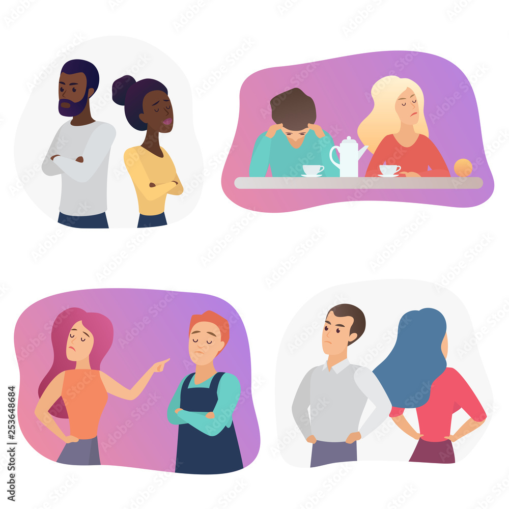 People couples during conflict quarrel or disagreement. Set of offended ...