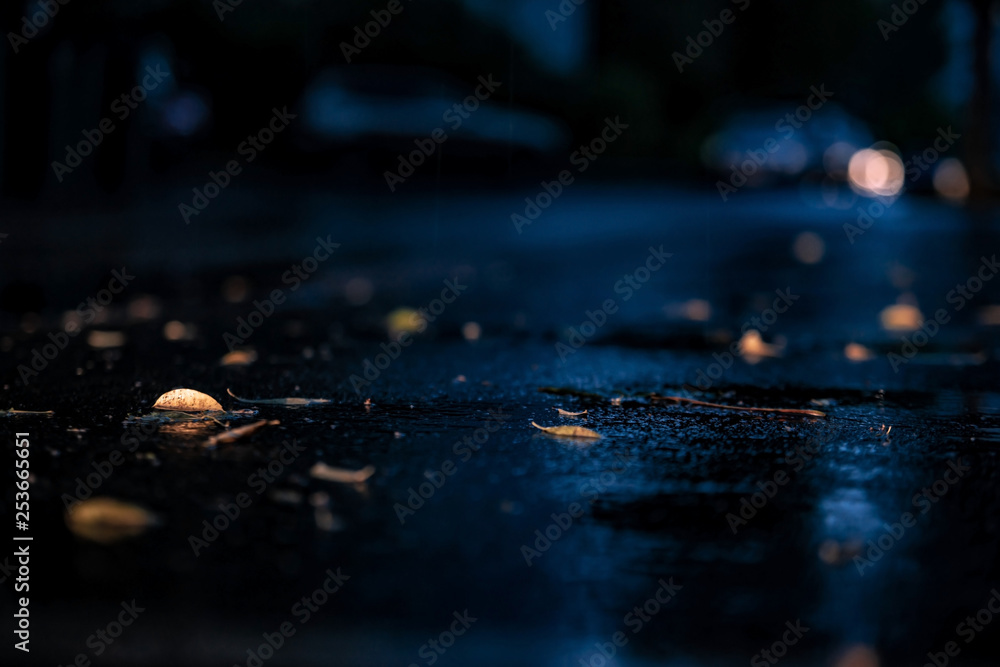 Night road blurred. Rain drops rippling in a puddle on a dark, rainy ...