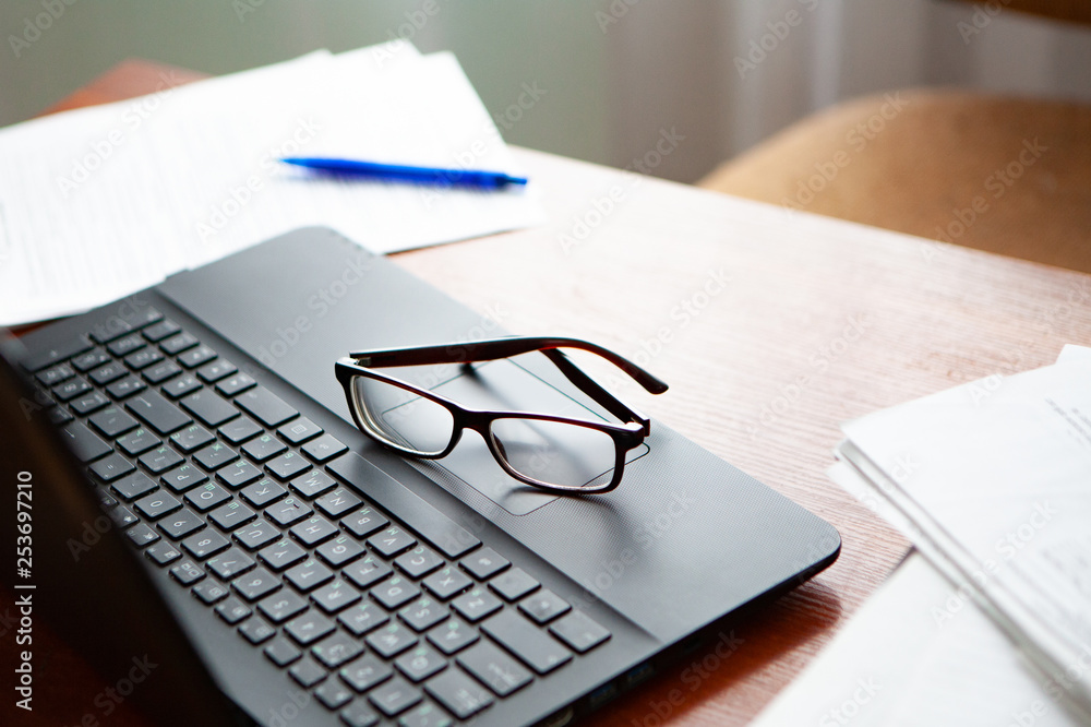 office desk a stack of computer paper reports work forms Stock Photo ...