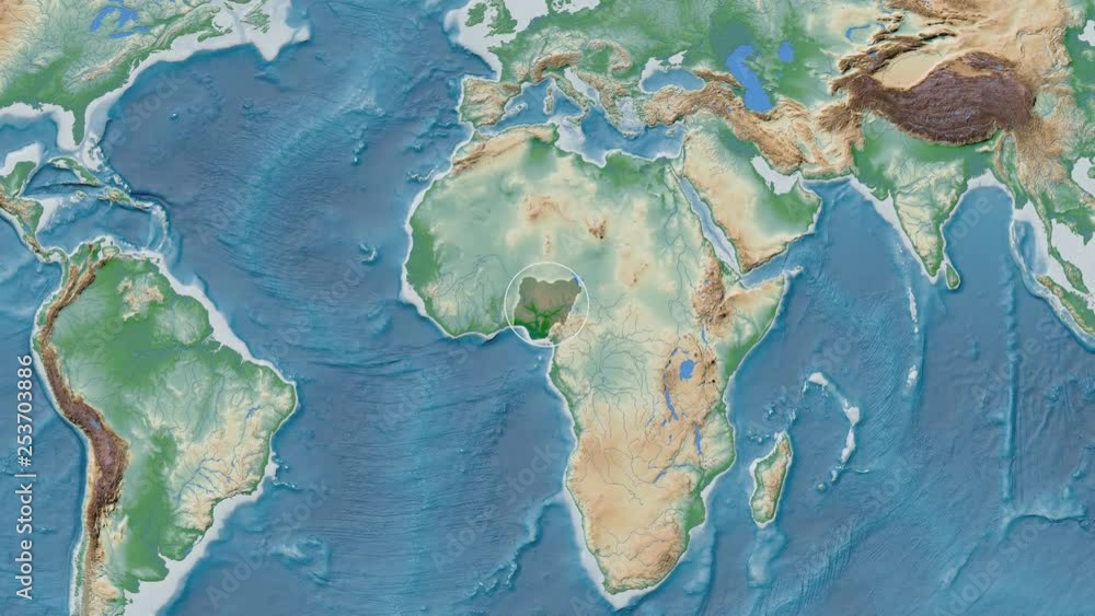 Nigeria area presented against the global physical map in the ...