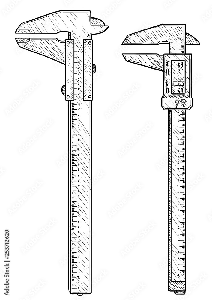 Caliper illustration, drawing, engraving, ink, line art, vector Stock ...