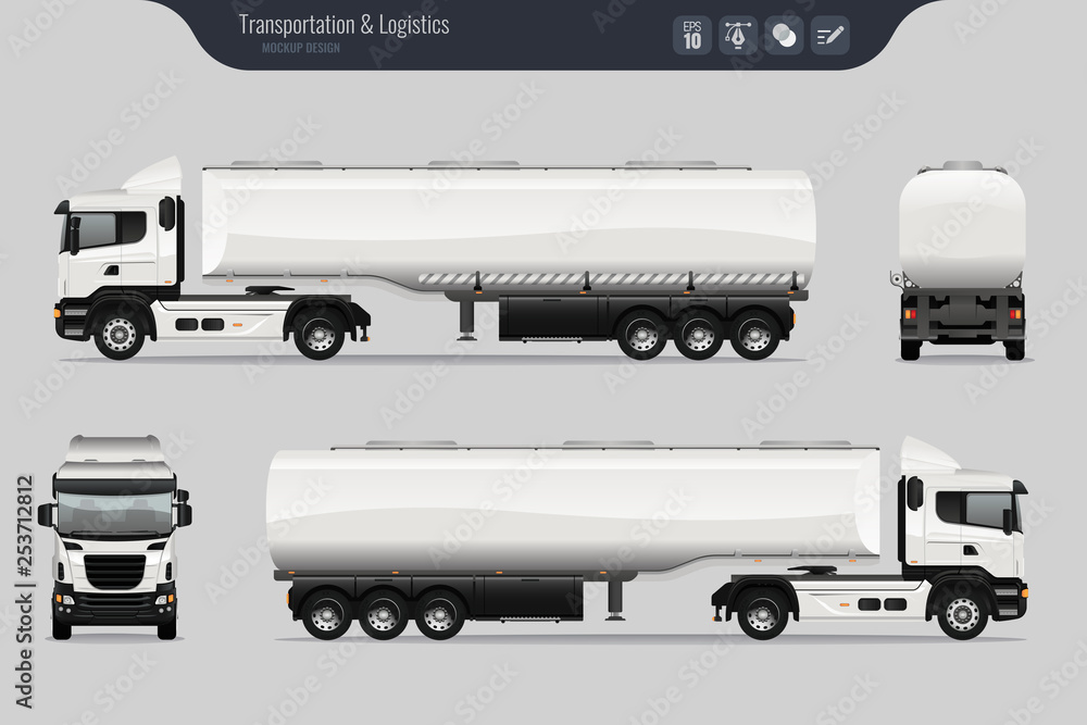 Vector template with detailed fuel tanker truck. Isolated realistic ...