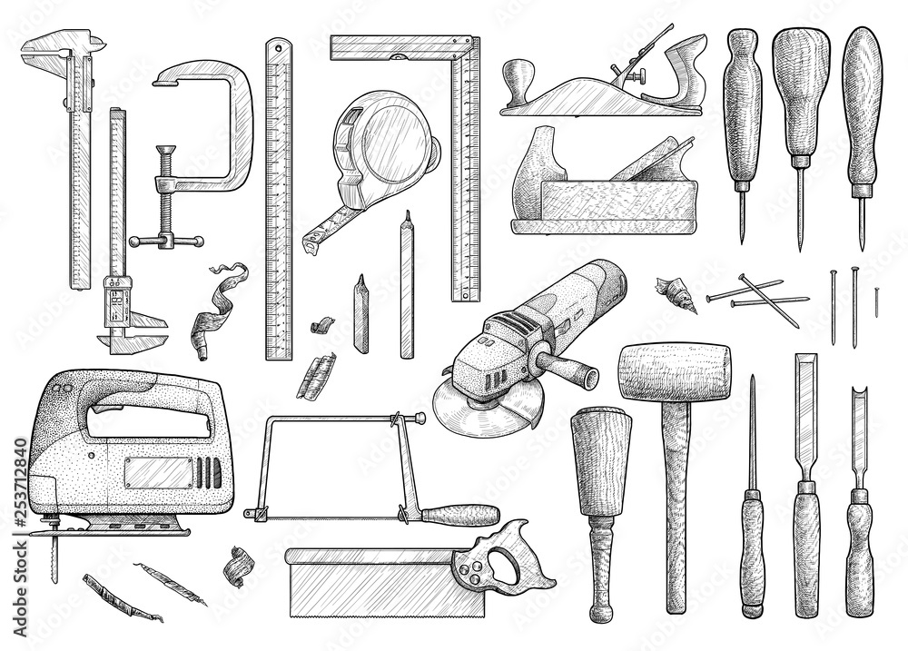 Carpentry, industrial tool, illustration, drawing, engraving, ink, line ...