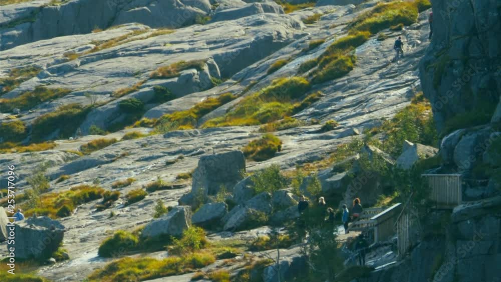 Drone dolly shot of Pulpit rock, aerial view of people dangerously ...